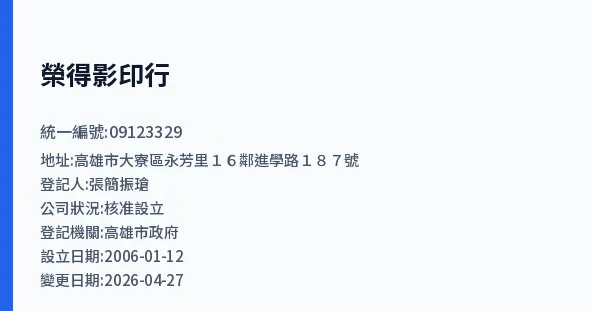 榮得影印行的照片-統編 09123329(高雄市) 公司登記資料與營業項目詳細圖表