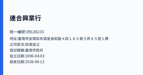 連合興業行的照片-統編 09126233(臺南市) 公司登記資料與營業項目詳細圖表