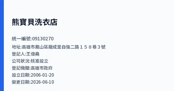 熊寶貝洗衣店的照片-統編 09130270(高雄市) 公司登記資料與營業項目詳細圖表
