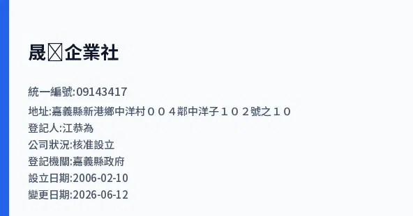 晟爲企業社的照片-統編 09143417(嘉義縣) 公司登記資料與營業項目詳細圖表