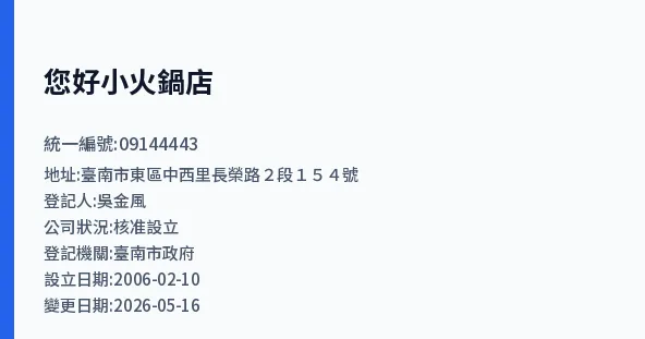 您好小火鍋店的照片-統編 09144443(臺南市) 公司登記資料與營業項目詳細圖表