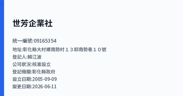世芳企業社的照片-統編 09165354(彰化縣) 公司登記資料與營業項目詳細圖表