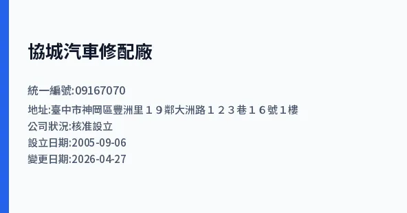 協城汽車修配廠的照片-統編 09167070(臺中市) 公司登記資料與營業項目詳細圖表