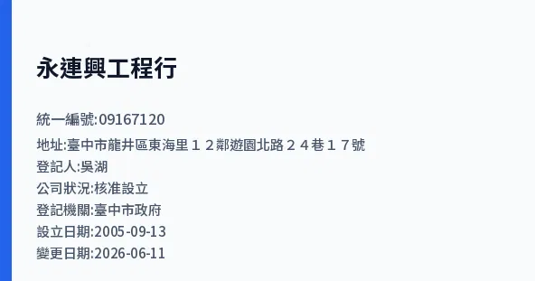 永連興工程行的照片-統編 09167120(臺中市) 公司登記資料與營業項目詳細圖表