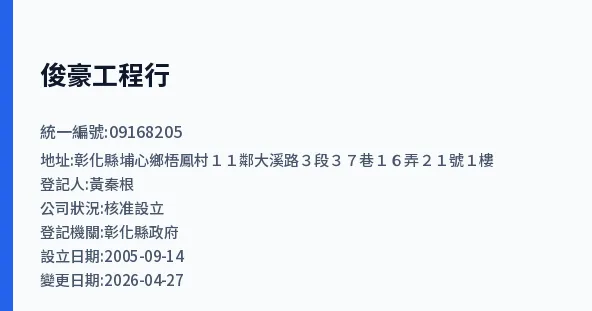 俊豪工程行的照片-統編 09168205(彰化縣) 公司登記資料與營業項目詳細圖表