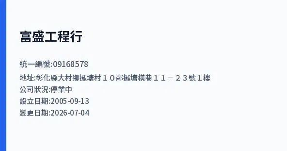 富盛工程行的照片-統編 09168578(彰化縣) 公司登記資料與營業項目詳細圖表