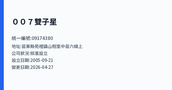 007雙子星的照片-統編 09174380(苗栗縣) 公司登記資料與營業項目詳細圖表