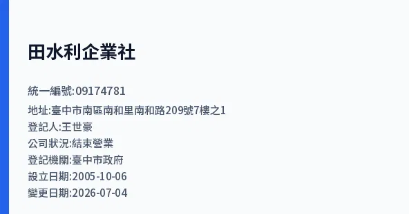 田水利企業社的照片-統編 09174781(臺中市) 公司登記資料與營業項目詳細圖表