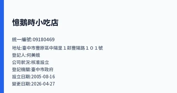 憶鵝時小吃店的照片-統編 09180469(臺中市) 公司登記資料與營業項目詳細圖表
