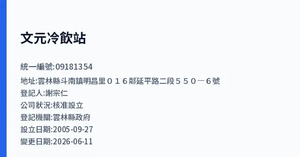 文元冷飲站的照片-統編 09181354(雲林縣) 公司登記資料與營業項目詳細圖表