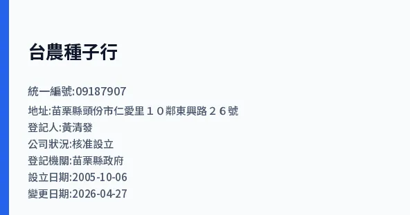 台農種子行的照片-統編 09187907(苗栗縣) 公司登記資料與營業項目詳細圖表