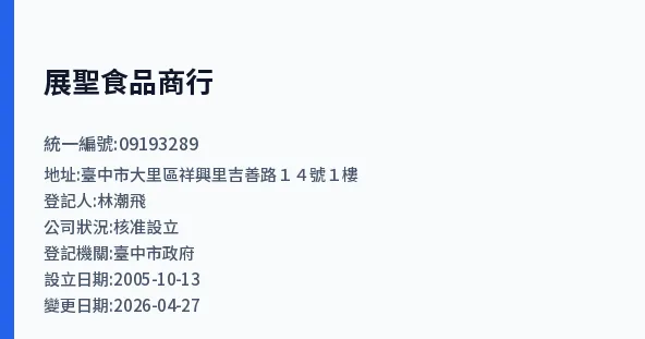 展聖食品商行的照片-統編 09193289(臺中市) 公司登記資料與營業項目詳細圖表