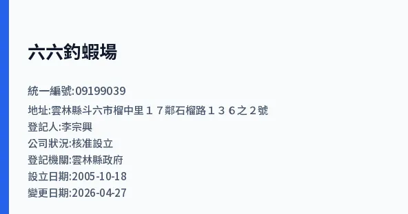 六六釣蝦場的照片-統編 09199039(雲林縣) 公司登記資料與營業項目詳細圖表