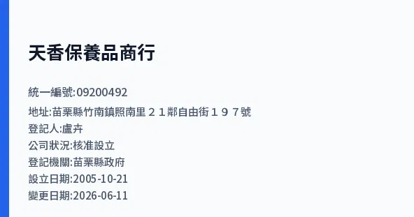 天香保養品商行的照片-統編 09200492(苗栗縣) 公司登記資料與營業項目詳細圖表