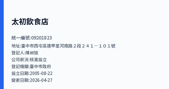 太初飲食店的照片-統編 09201823(臺中市) 公司登記資料與營業項目詳細圖表