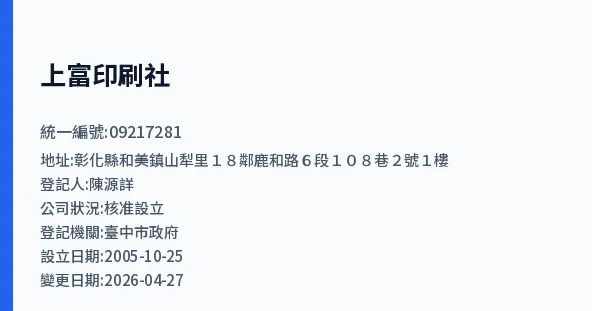 上富印刷社的照片-統編 09217281(彰化縣) 公司登記資料與營業項目詳細圖表