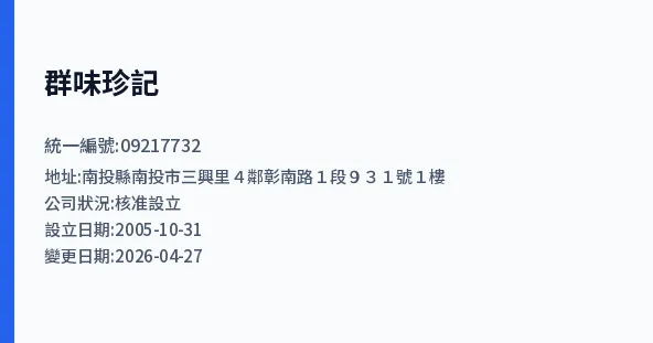 群味珍記的照片-統編 09217732(南投縣) 公司登記資料與營業項目詳細圖表
