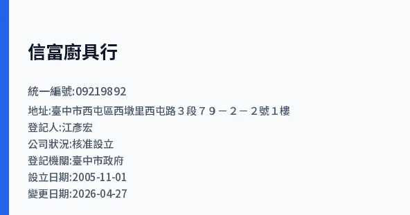 信富廚具行的照片-統編 09219892(臺中市) 公司登記資料與營業項目詳細圖表