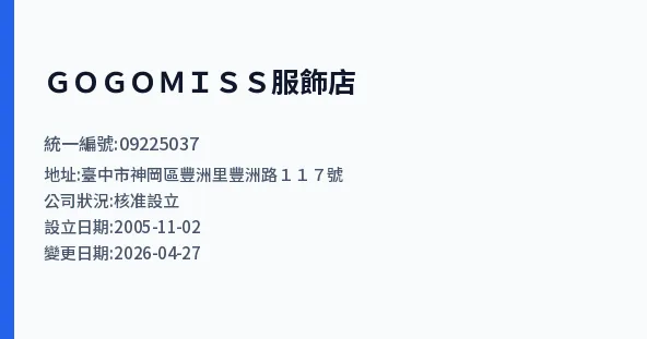 GOGOMISS服飾店的照片-統編 09225037(臺中市) 公司登記資料與營業項目詳細圖表