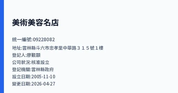 美術美容名店的照片-統編 09228082(雲林縣) 公司登記資料與營業項目詳細圖表