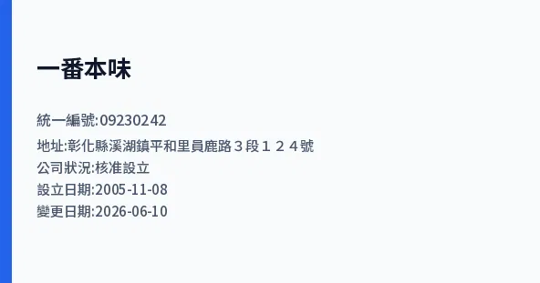一番本味的照片-統編 09230242(彰化縣) 公司登記資料與營業項目詳細圖表