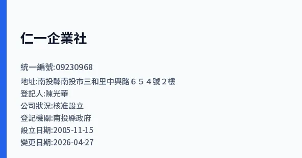 仁一企業社的照片-統編 09230968(南投縣) 公司登記資料與營業項目詳細圖表