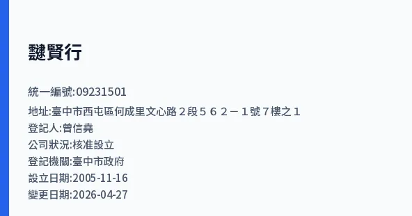 靆賢行的照片-統編 09231501(臺中市) 公司登記資料與營業項目詳細圖表