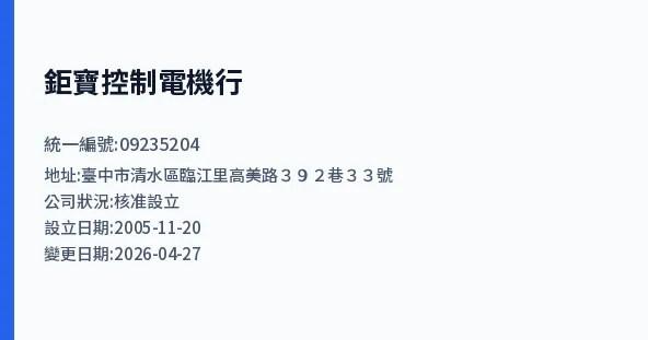 鉅寶控制電機行的照片-統編 09235204(臺中市) 公司登記資料與營業項目詳細圖表