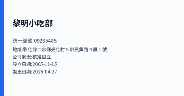 黎明小吃部的照片-統編 09235485(彰化縣) 公司登記資料與營業項目詳細圖表