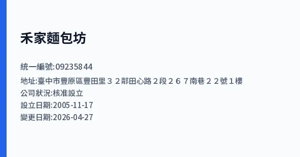 禾家麵包坊的照片-統編 09235844(臺中市) 公司登記資料與營業項目詳細圖表