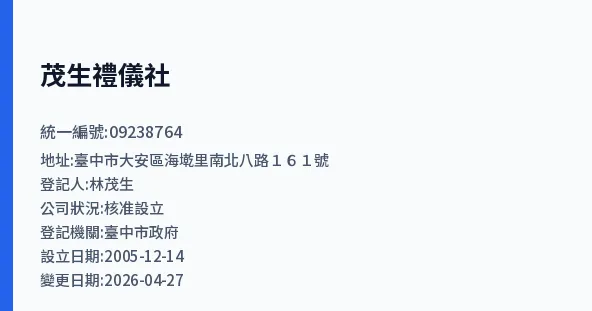 茂生禮儀社的照片-統編 09238764(臺中市) 公司登記資料與營業項目詳細圖表