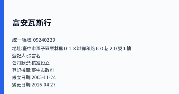 富安瓦斯行的照片-統編 09240229(臺中市) 公司登記資料與營業項目詳細圖表