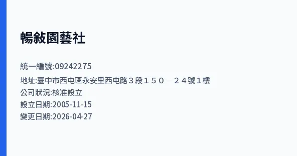 暢敍園藝社的照片-統編 09242275(臺中市) 公司登記資料與營業項目詳細圖表