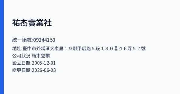 祐杰實業社的照片-統編 09244153(臺中市) 公司登記資料與營業項目詳細圖表