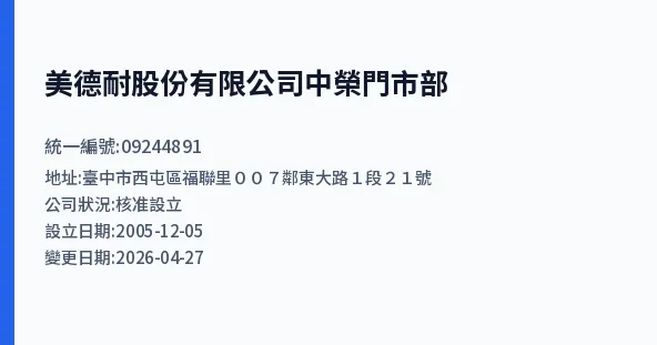 美德耐股份有限公司中榮門市部的照片-統編 09244891(臺中市) 公司登記資料與營業項目詳細圖表