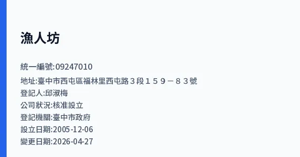 漁人坊的照片-統編 09247010(臺中市) 公司登記資料與營業項目詳細圖表