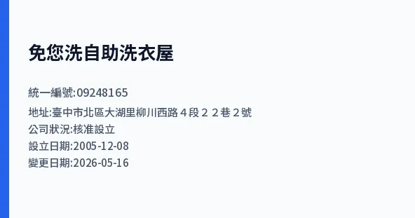 免您洗自助洗衣屋的照片-統編 09248165(臺中市) 公司登記資料與營業項目詳細圖表