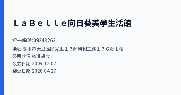 LaBelle向日葵美學生活館的照片-統編 09248263(臺中市) 公司登記資料與營業項目詳細圖表