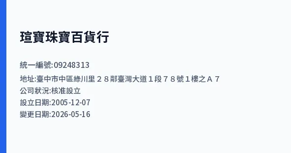 瑄寶珠寶百貨行的照片-統編 09248313(臺中市) 公司登記資料與營業項目詳細圖表