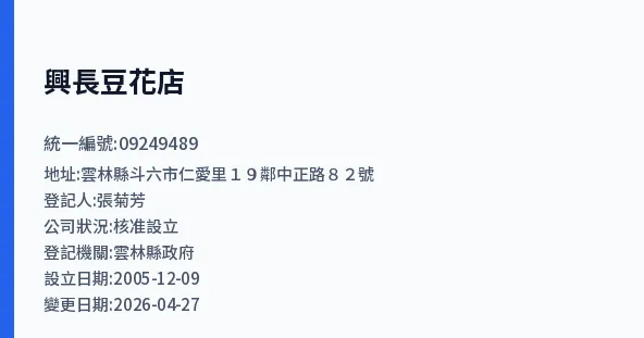 興長豆花店的照片-統編 09249489(雲林縣) 公司登記資料與營業項目詳細圖表