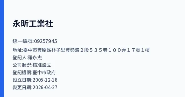 永昕工業社的照片-統編 09257945(臺中市) 公司登記資料與營業項目詳細圖表