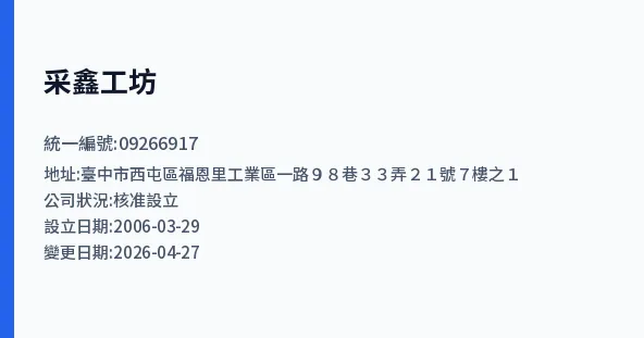 采鑫工坊的照片-統編 09266917(臺中市) 公司登記資料與營業項目詳細圖表