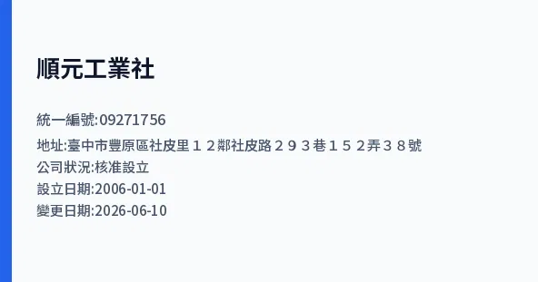 順元工業社的照片-統編 09271756(臺中市) 公司登記資料與營業項目詳細圖表