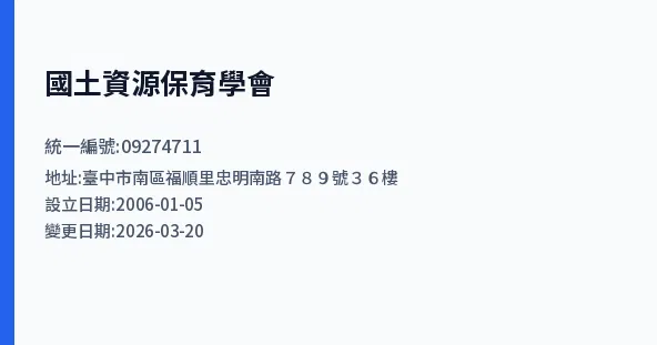 國土資源保育學會的照片-統編 09274711(臺中市) 公司登記資料與營業項目詳細圖表