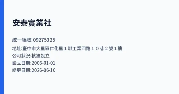 安泰實業社的照片-統編 09275325(臺中市) 公司登記資料與營業項目詳細圖表