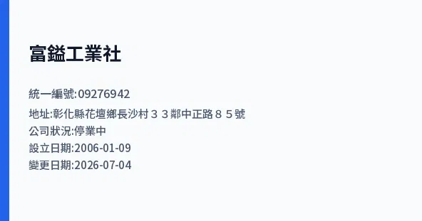 富鎰工業社的照片-統編 09276942(彰化縣) 公司登記資料與營業項目詳細圖表
