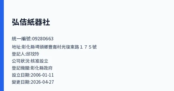 弘佶紙器社的照片-統編 09280663(彰化縣) 公司登記資料與營業項目詳細圖表