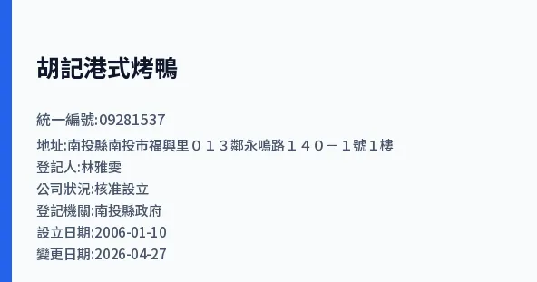 胡記港式烤鴨的照片-統編 09281537(南投縣) 公司登記資料與營業項目詳細圖表