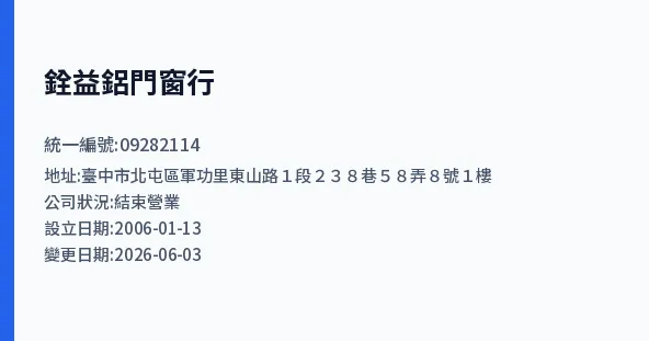 銓益鋁門窗行的照片-統編 09282114(臺中市) 公司登記資料與營業項目詳細圖表