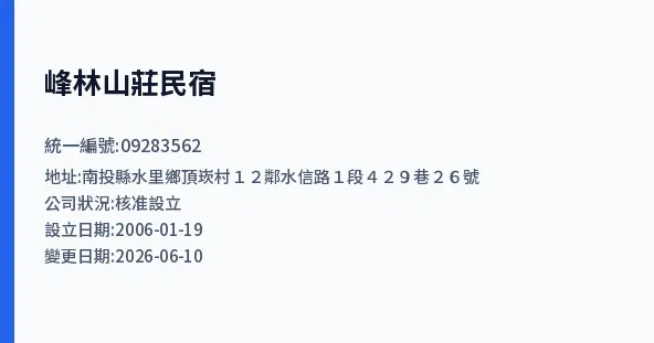 峰林山莊民宿的照片-統編 09283562(南投縣) 公司登記資料與營業項目詳細圖表
